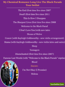 My Chemical Romance Long Live The Black Parade Tour Setlist 2025