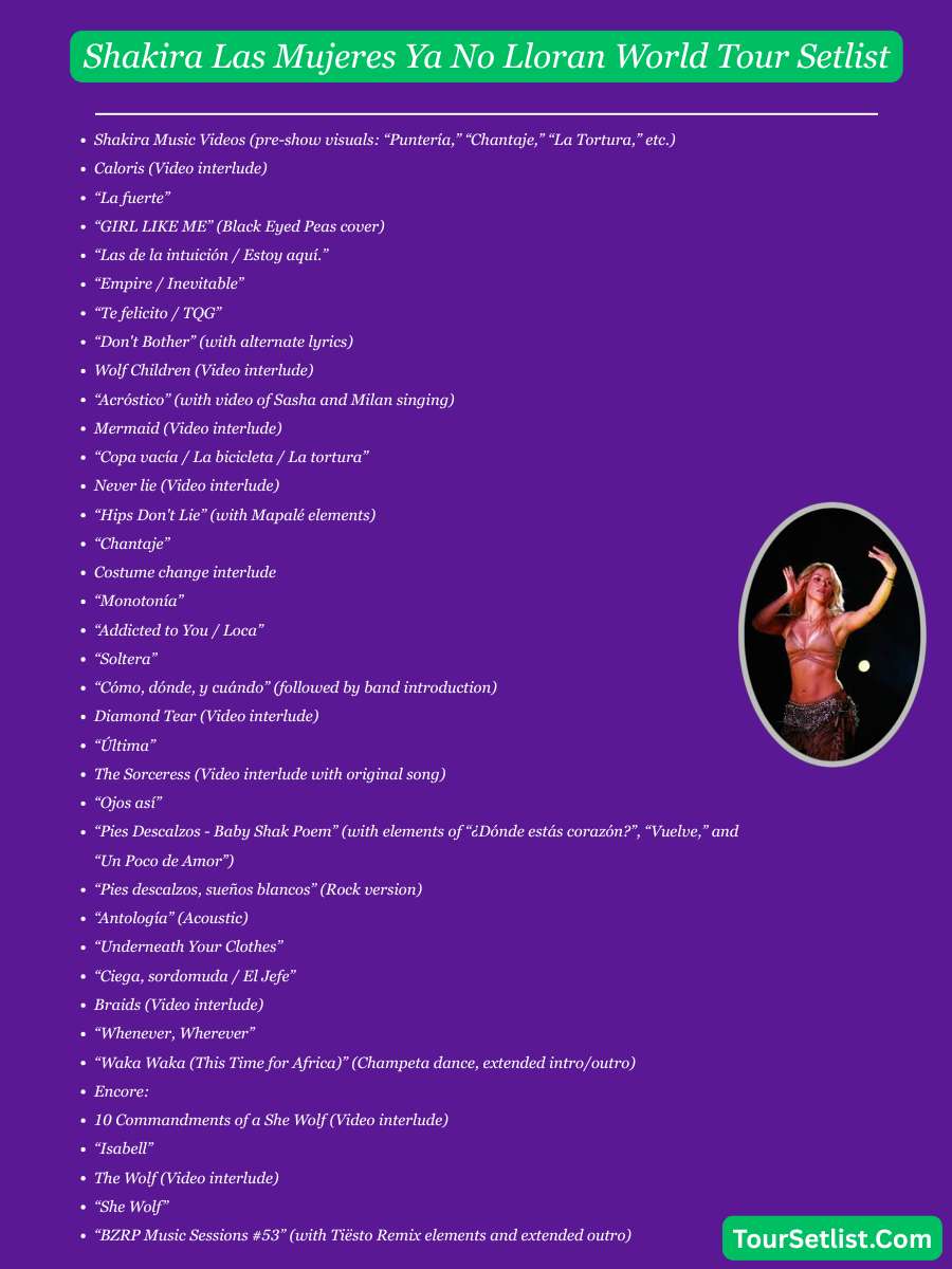 Shakira Las Mujeres Ya No Lloran World Tour Setlist 2025