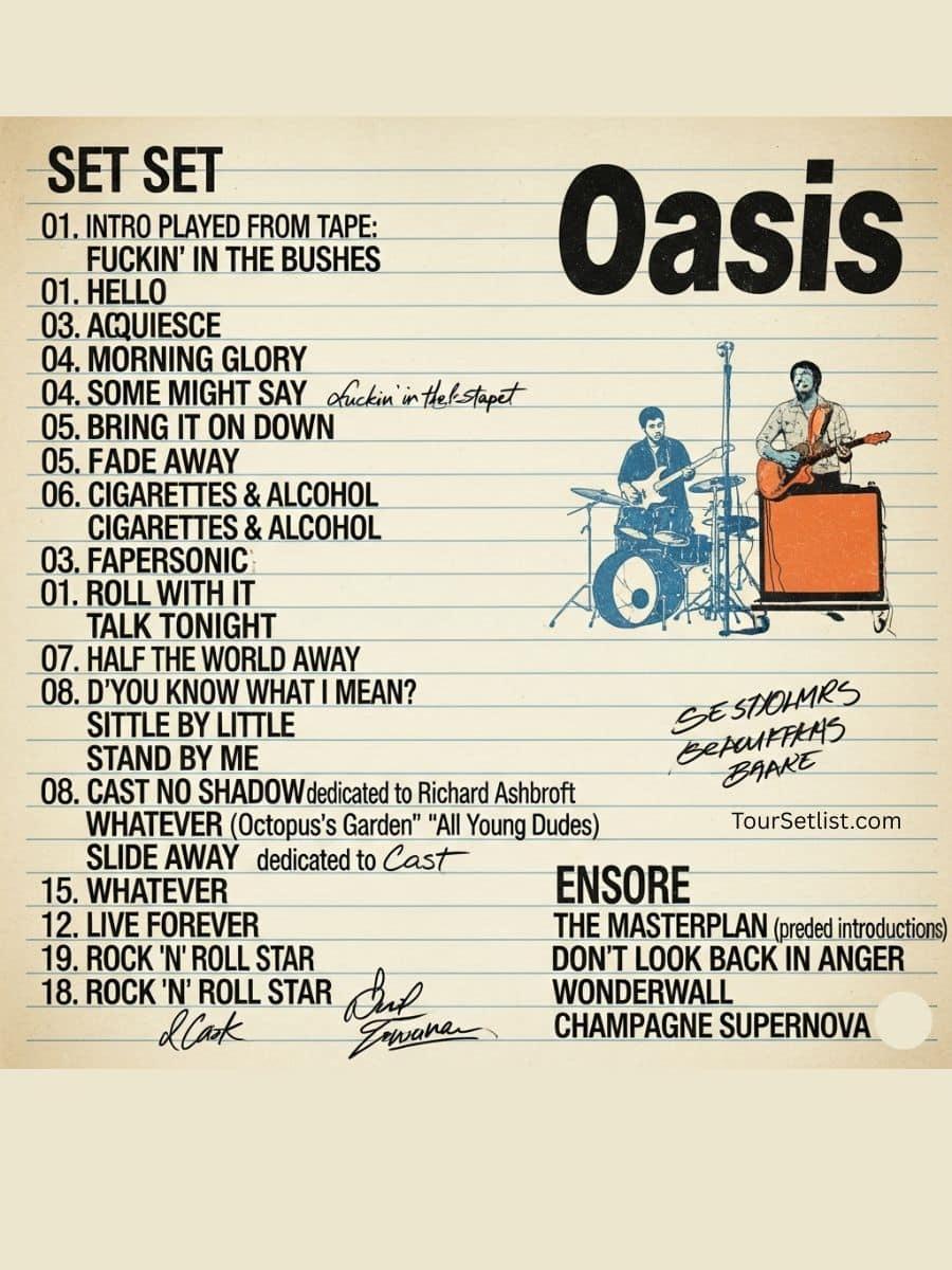 Oasis Live 25 Tour Setlist 2025 - Oasis Reunion Tour