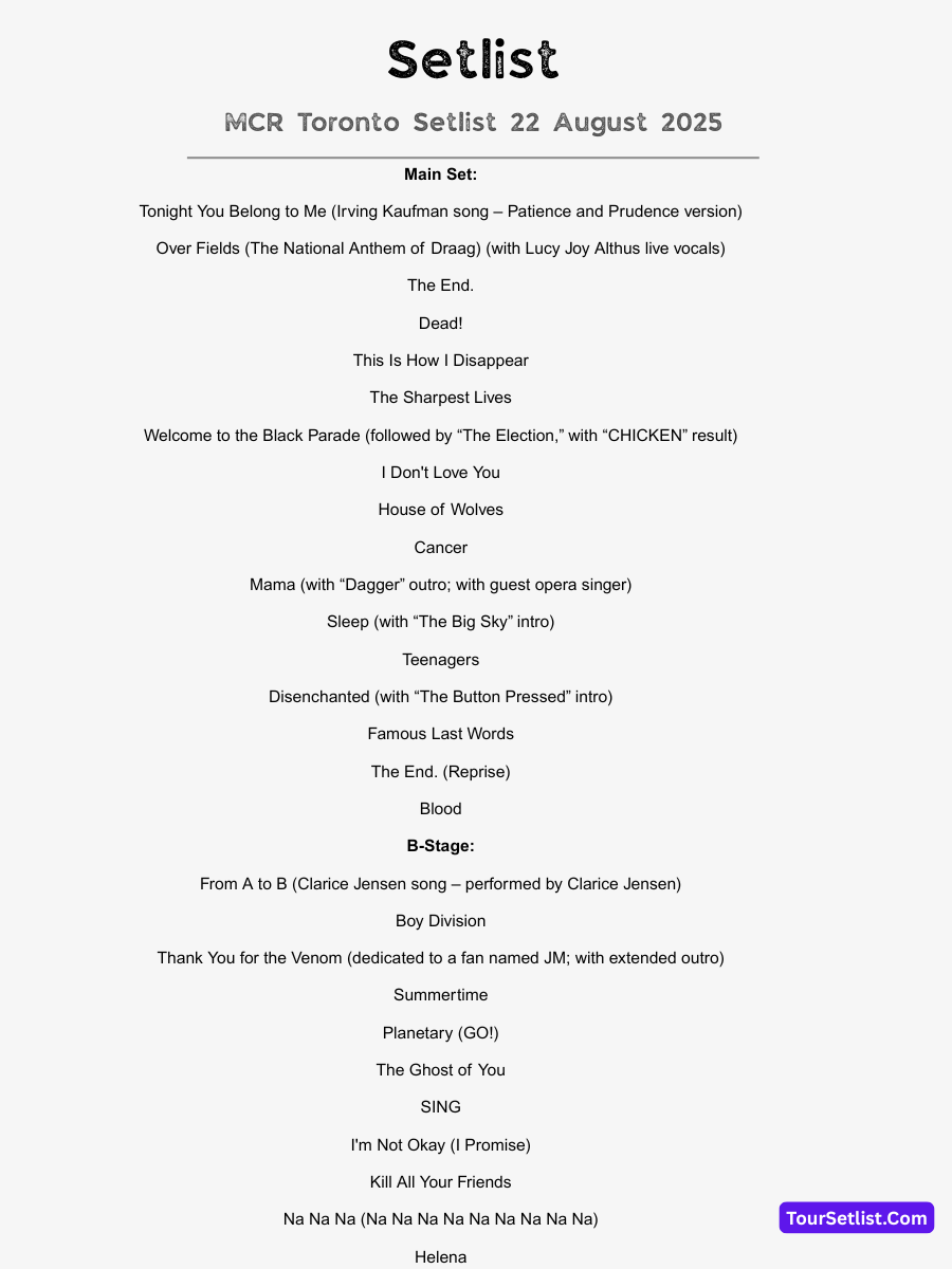 MCR Toronto Setlist 22 August 2025