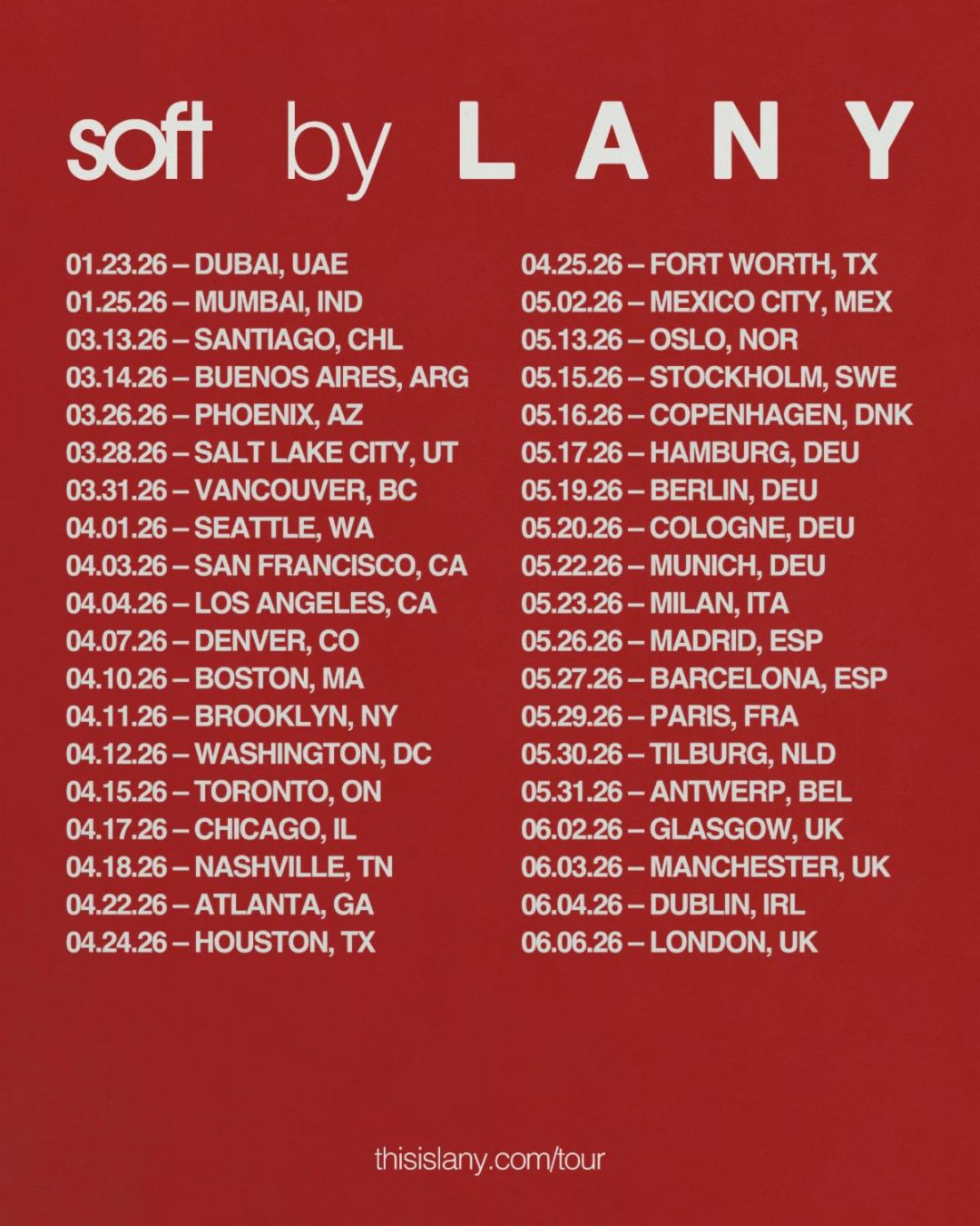 Lany Soft World Tour 2026 Dates, Setlist, Cities & Tickets