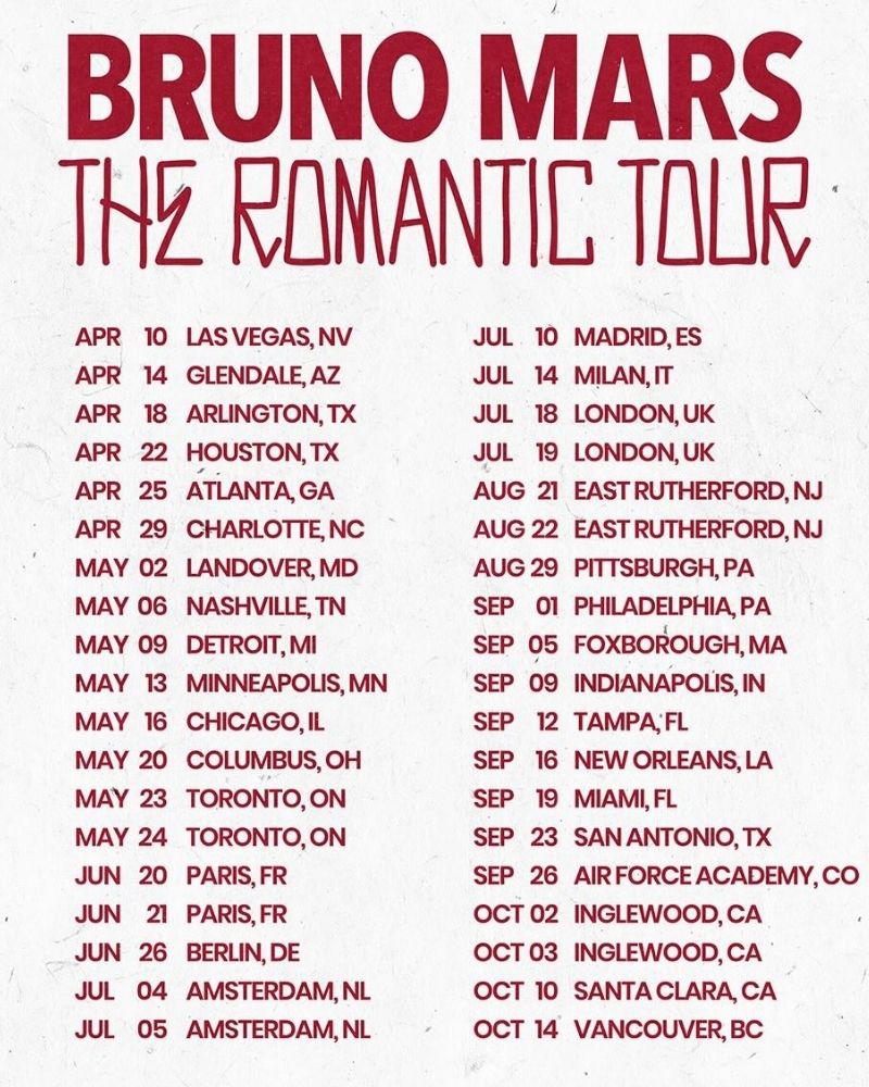Bruno Mars 2026 Tour Dates Check Cities Venues Countries