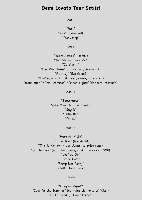 Demi Lovato Tour Setlist 2026 (Updated) - Concert Songs & Dates