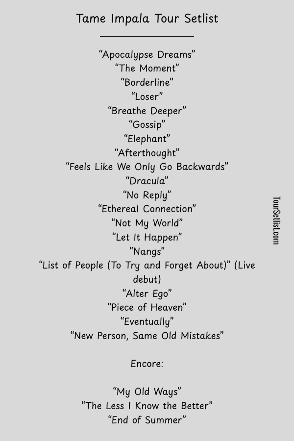 Tame Impala Tour Setlist 2026 From Portugal Concert