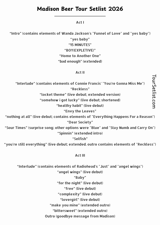 Madison Beer Tour Setlist 2026 - The Locket Tour