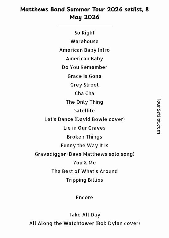Dave Matthews 2026 Tour Setlist - Concert Songs, Venues & Dates